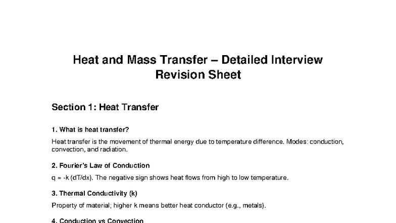 Heat and Mass Transfer Interview Revision Sheet (ENGR 301) - Studocu