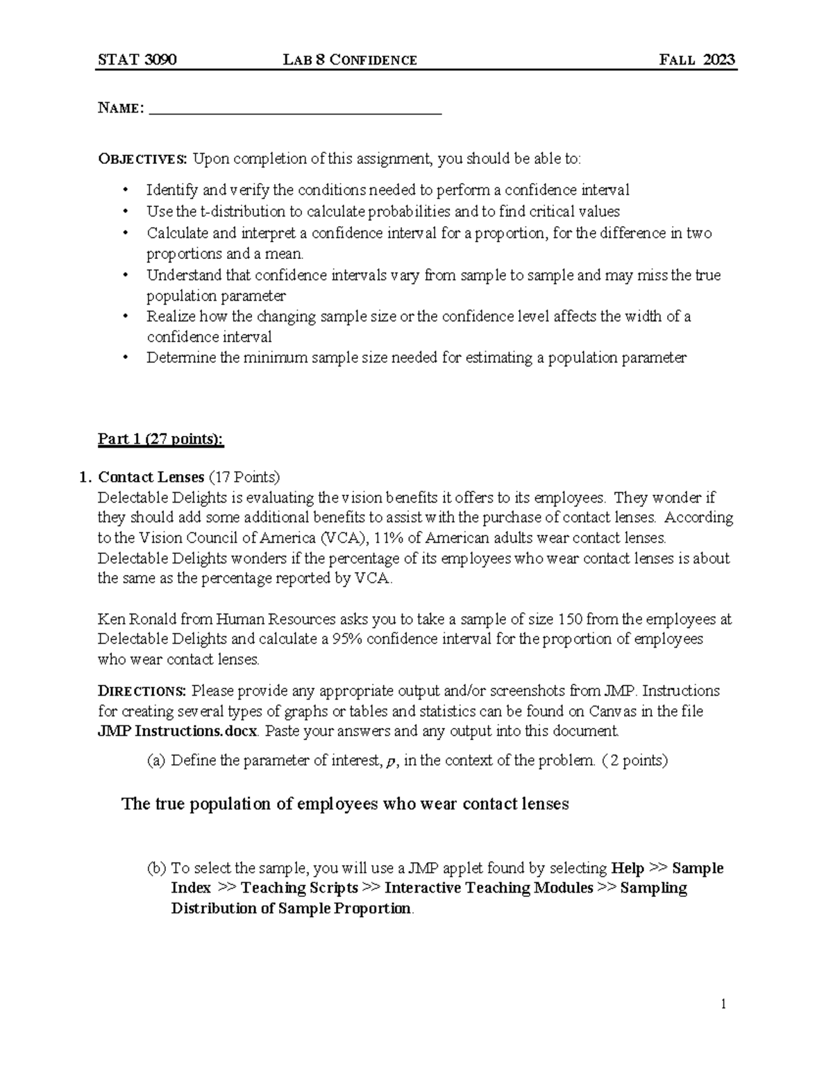 STAT 3090 Final Exam Lab Activity: Confidence Intervals Analysis - Studocu
