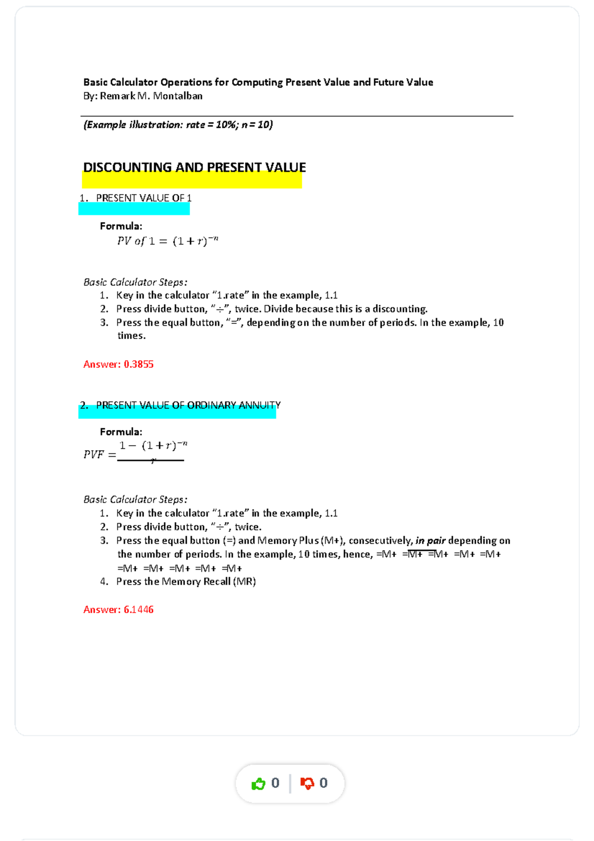 Basic Calculator Operations for PV & FV: Example by M. Montalban - Studocu
