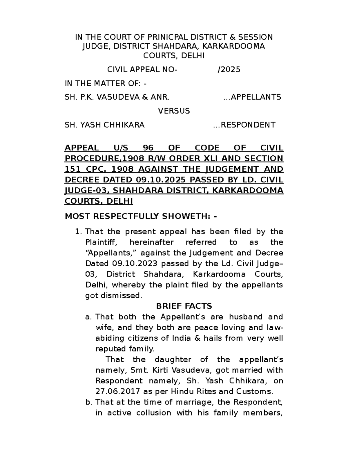 Civil Appeal 96 of P.K. Vasudeva vs. Yash Chhikara under CPC, 1908 ...