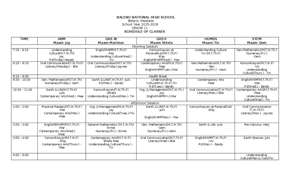 Grade 11 Class Schedule 2025-2026 at Baleno National High School - Studocu
