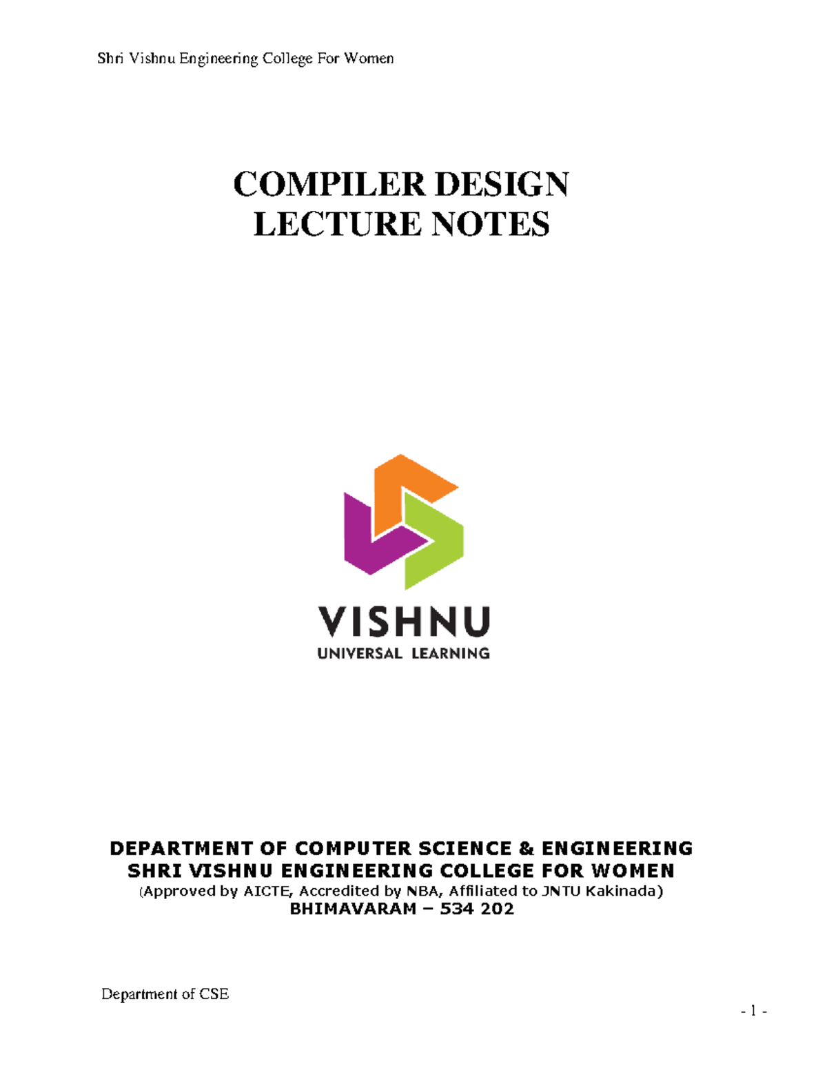 Compiler Design Lecture Notes - CSE 3rd Unit Overview - Studocu