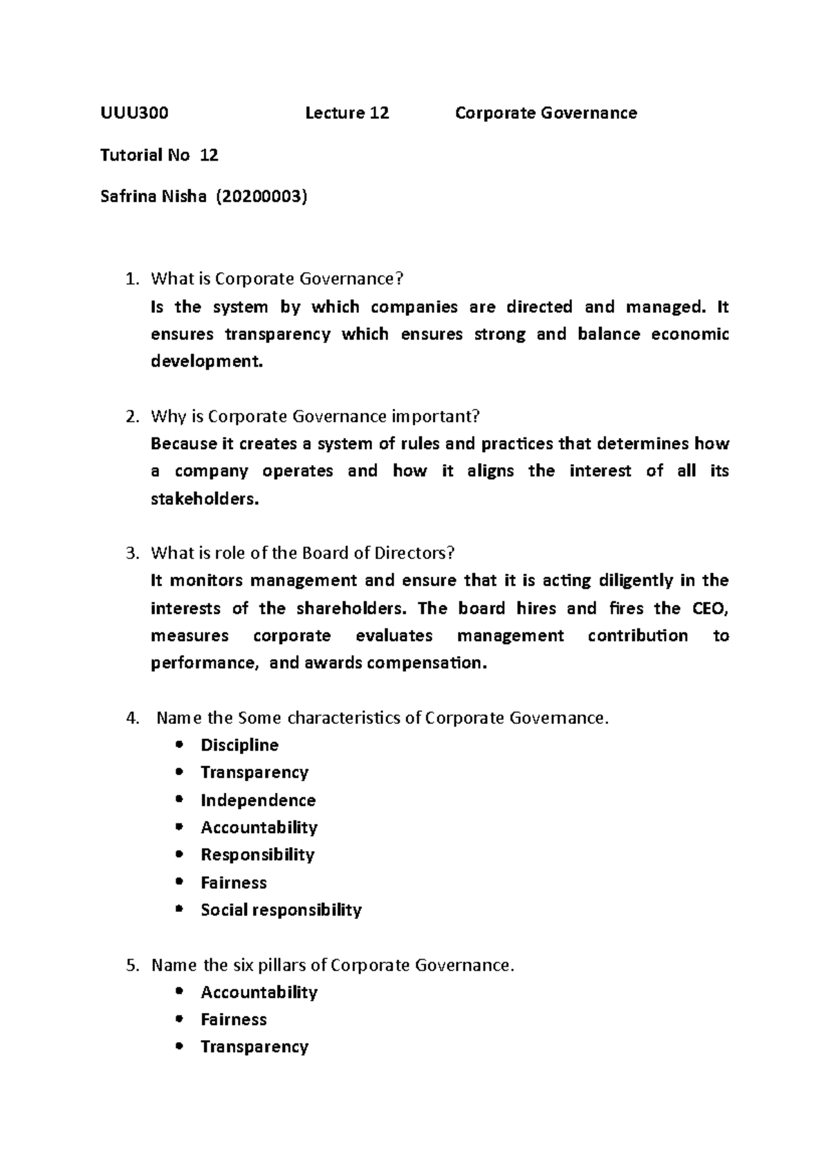 UUU300 Tutorial No 12 Corporate Governance - UUU300 Lecture 12 ...