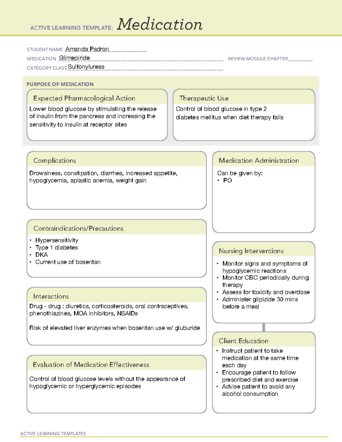 Active Learning Template for Glimepiride (Pharmacology) - Studocu