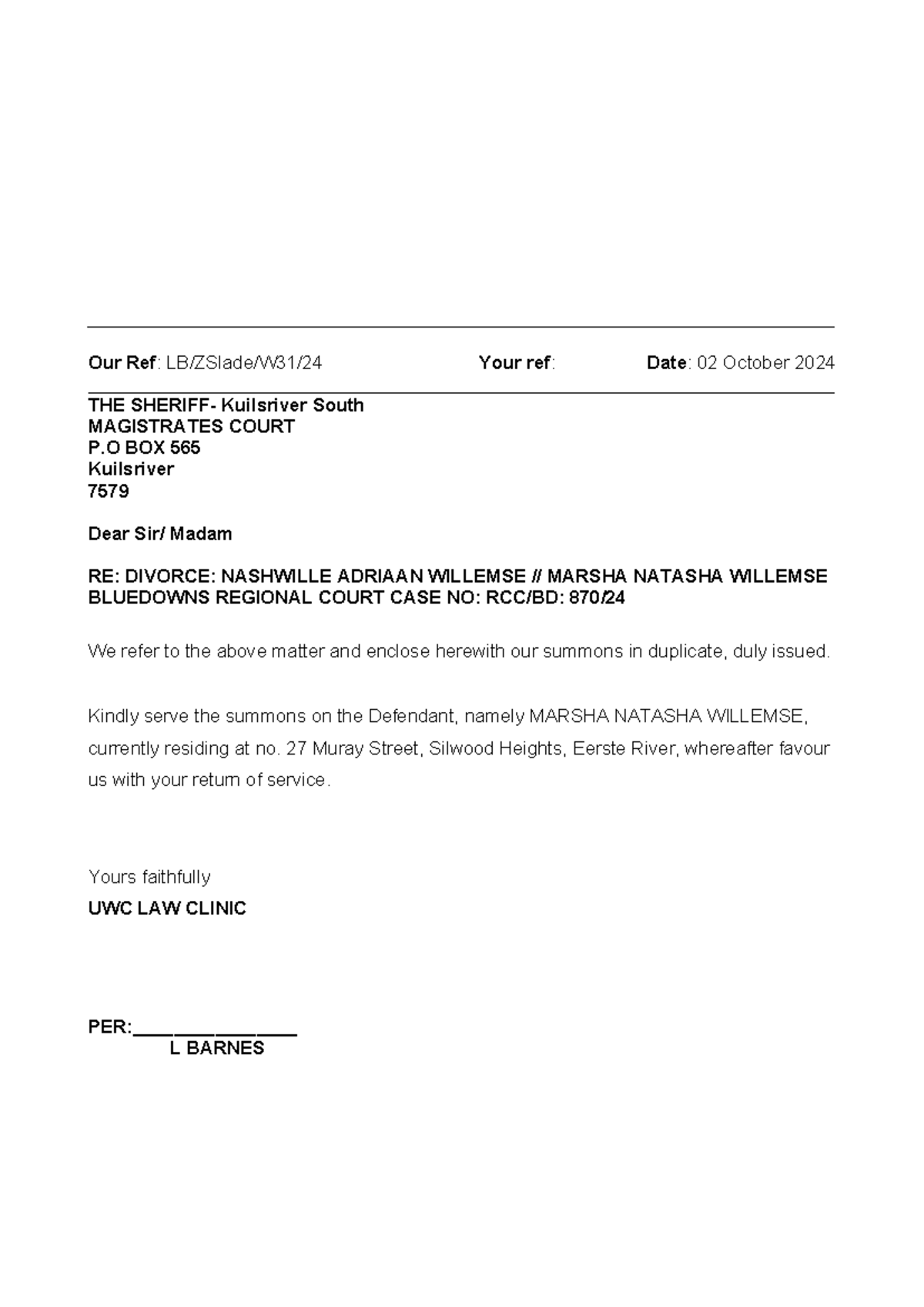 Letter to the Sheriff Final - ___________________ Our Ref: LB/ZSlade ...