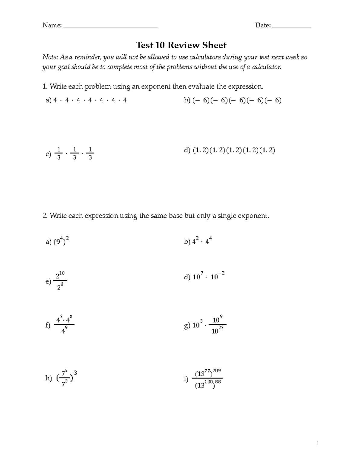Test 10 Review Sheet: Exponential Expressions & Evaluations - Studocu