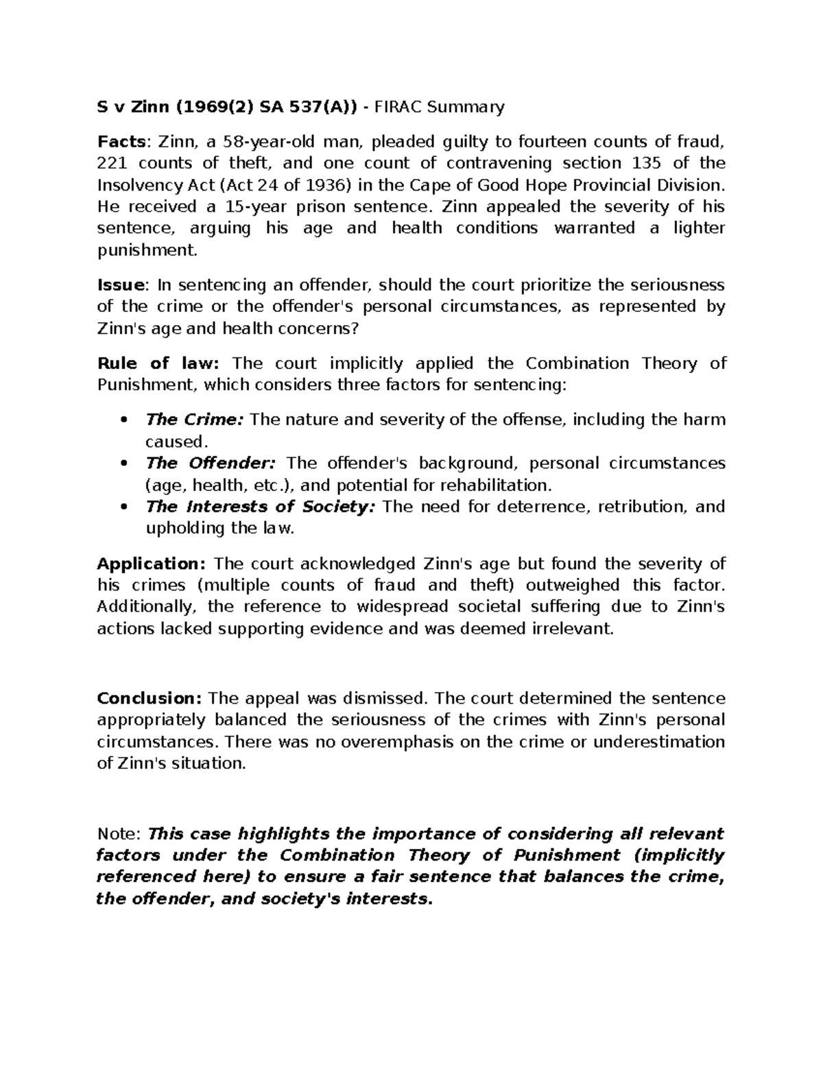 S v Zinn (1969) - FIRAC Analysis on Sentencing Considerations - Studocu
