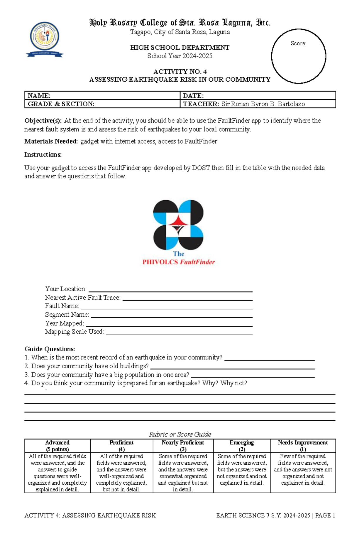 Activity 4 - Assessing Earthquake Risk in Our Community (Earth Sci 7 ...