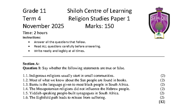 Grade 11 Religion Studies Term 4 Paper 1 November 2025 - Studocu