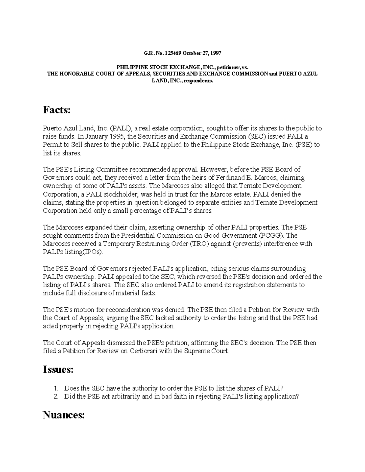 G.R. No. 125469 Case Study: Philippine Stock Exchange vs. SEC - Studocu