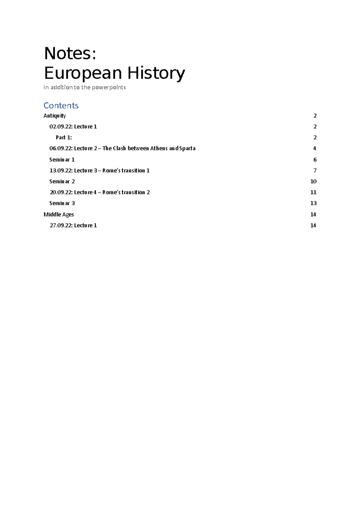 Antiquity & European History Lecture Notes (Lecture Series 2022 ...