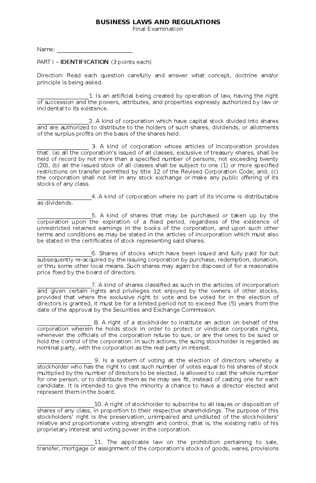 Final Exam BA 101: Business Laws and Regulations Review Guide - Studocu