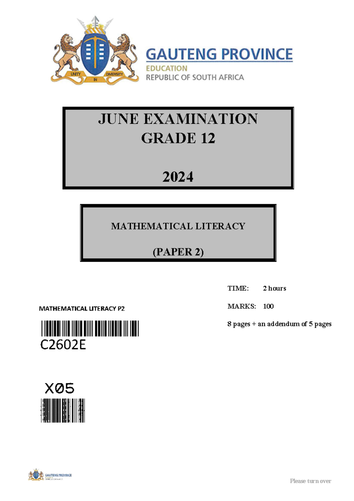 Grade 12 Maths Lit June Exam 2024 - Question Paper P2 (QP) - Studocu