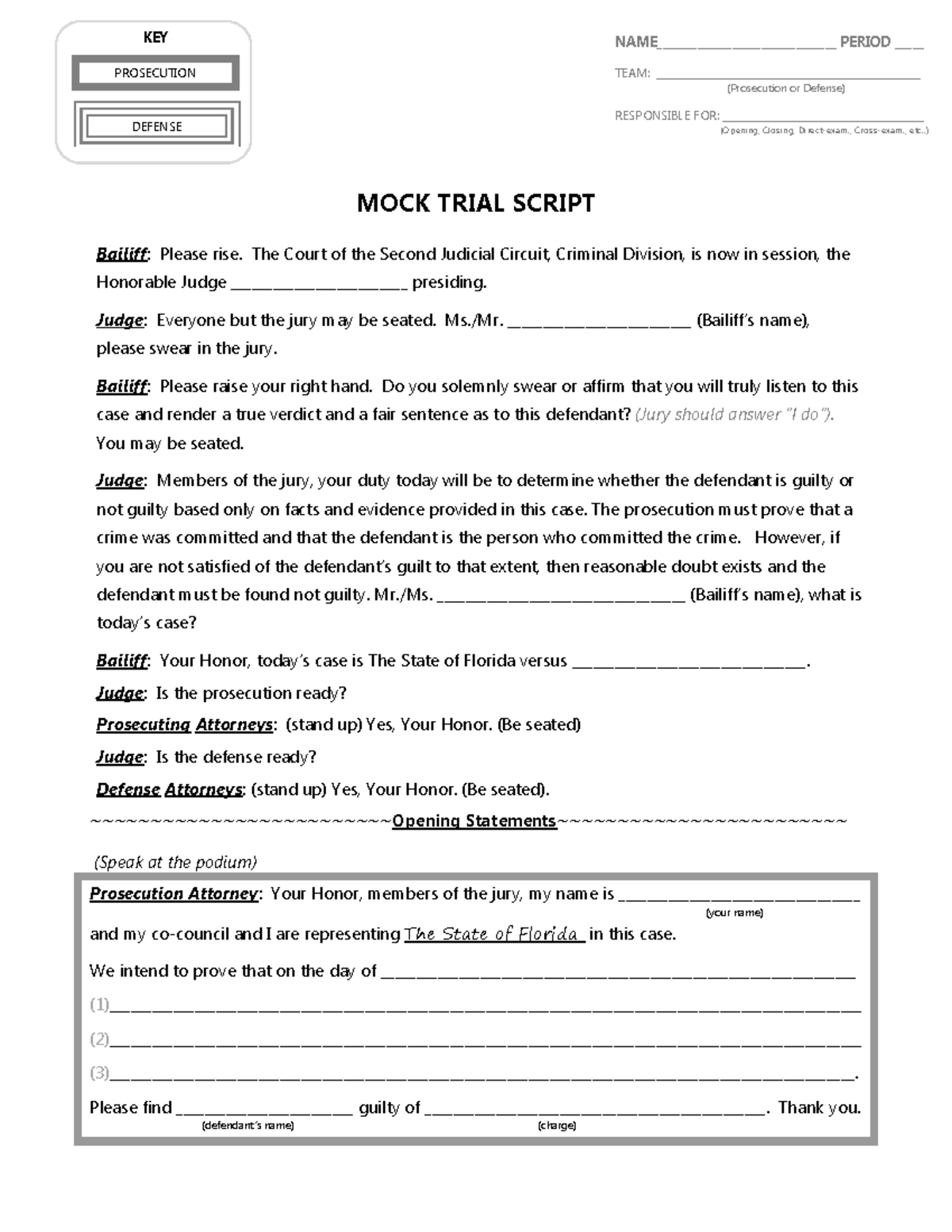 Mock Trial Script: Prosecution vs. Defense (FL Case) - Studocu