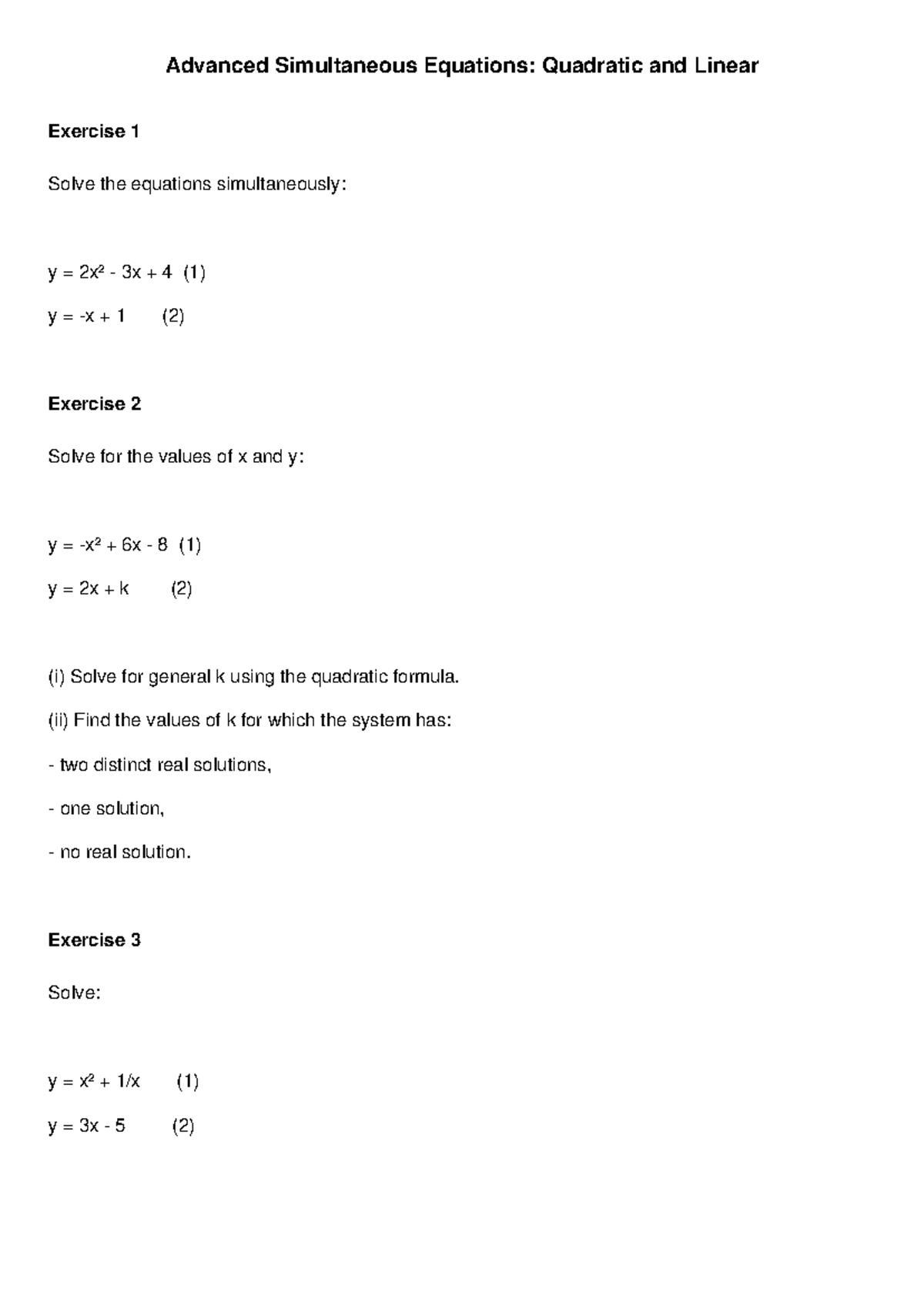 Advanced Simultaneous Equations: Quadratic & Linear Exercises - Studocu