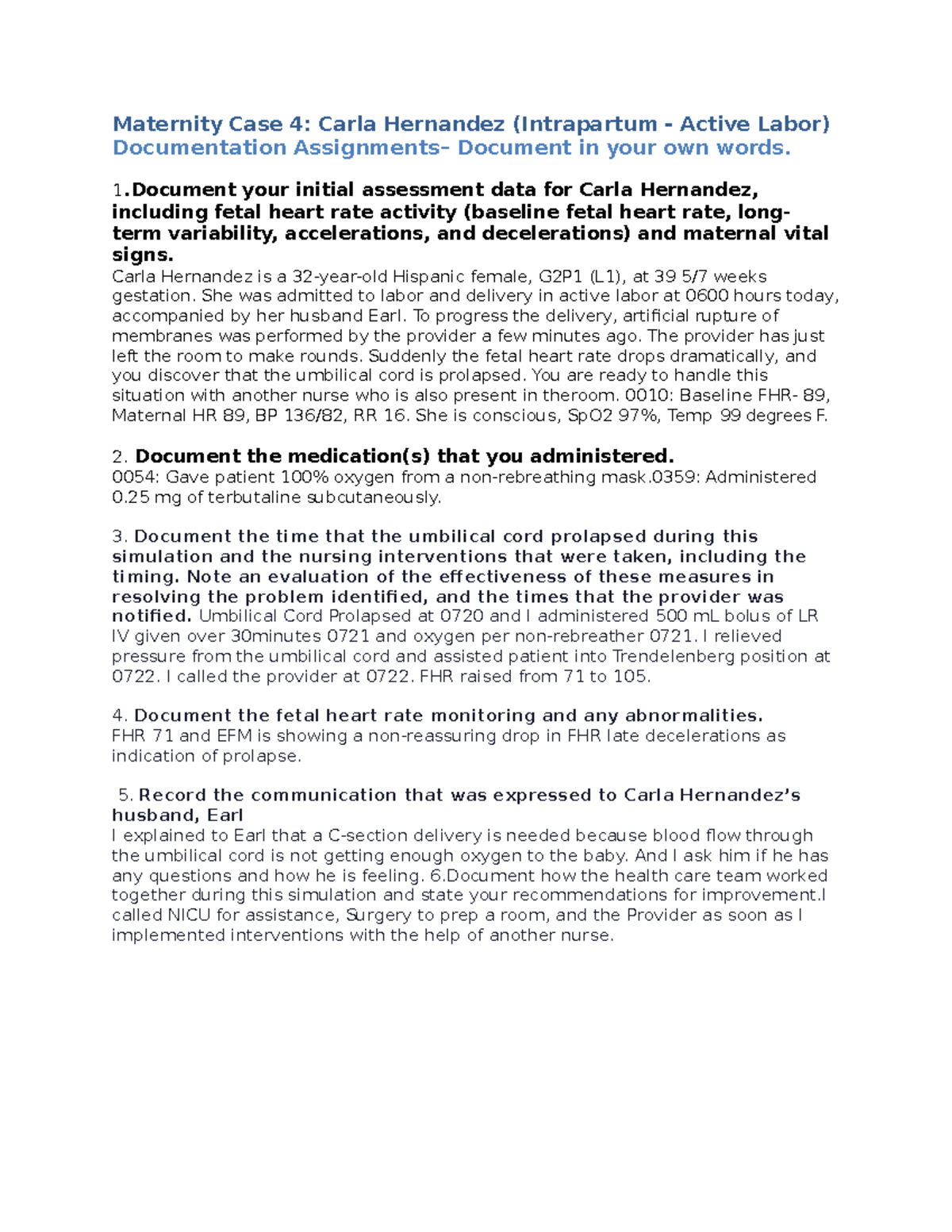 Documentation Assignment: Maternity Case 4 - Carla Hernandez ...