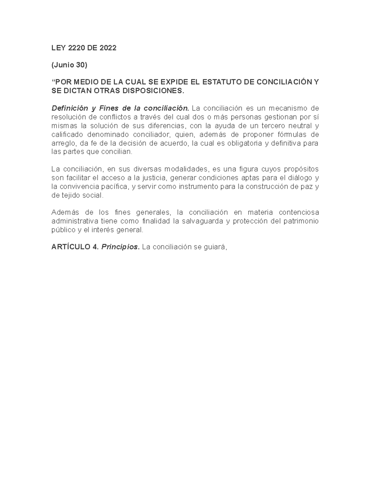 LEY 2220 DE 2022 - RESUMEN SOBRE LA CONCILIACIÓN Y SUS FINES - Studocu