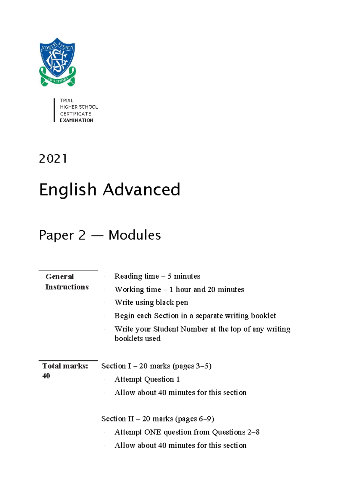 NSG 2021 English Adv Trial Exam Paper 2: Modules & Texts Analysis - Studocu
