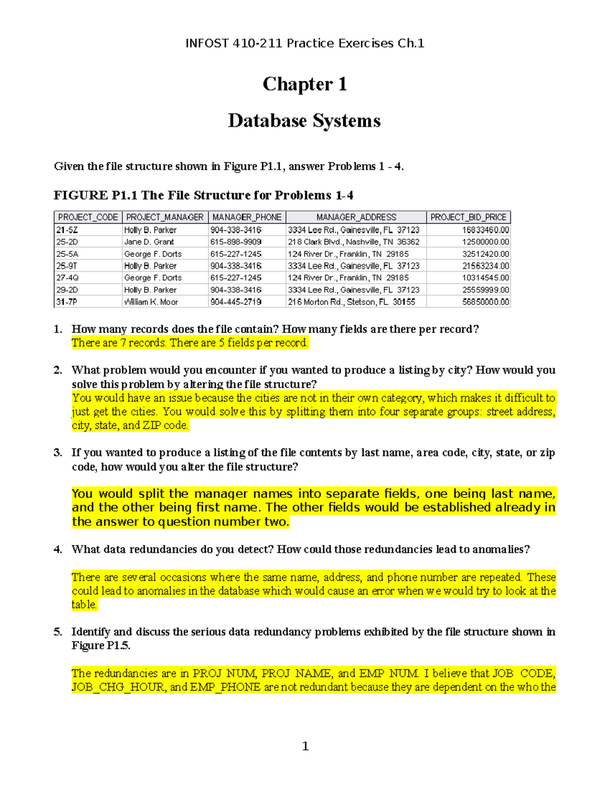 Ch.1.Practice Exercise - Chapter 1 Database Systems Given the file ...