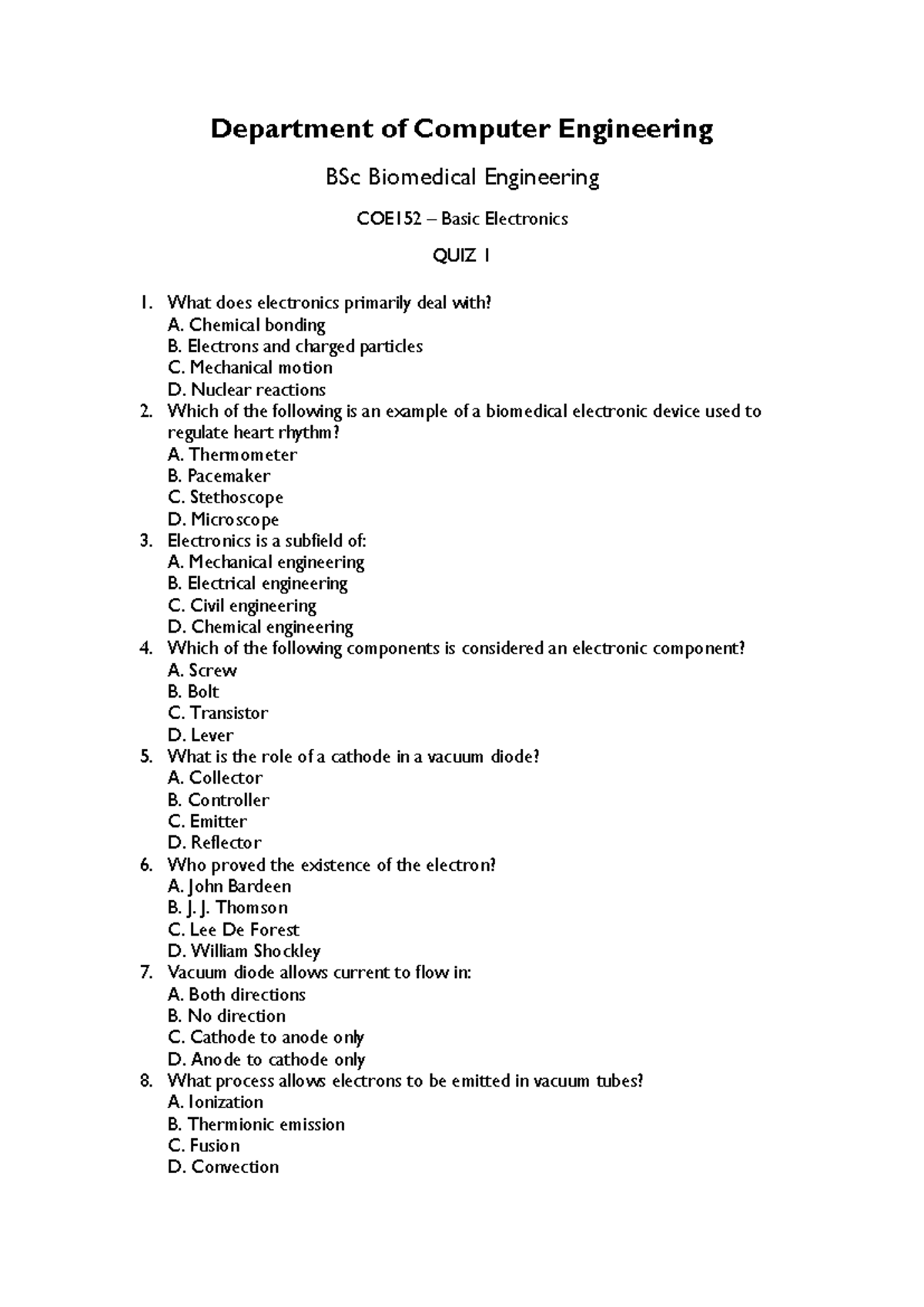 COE152 Basic Electronics Quiz 1: Key Questions and Answers - Studocu