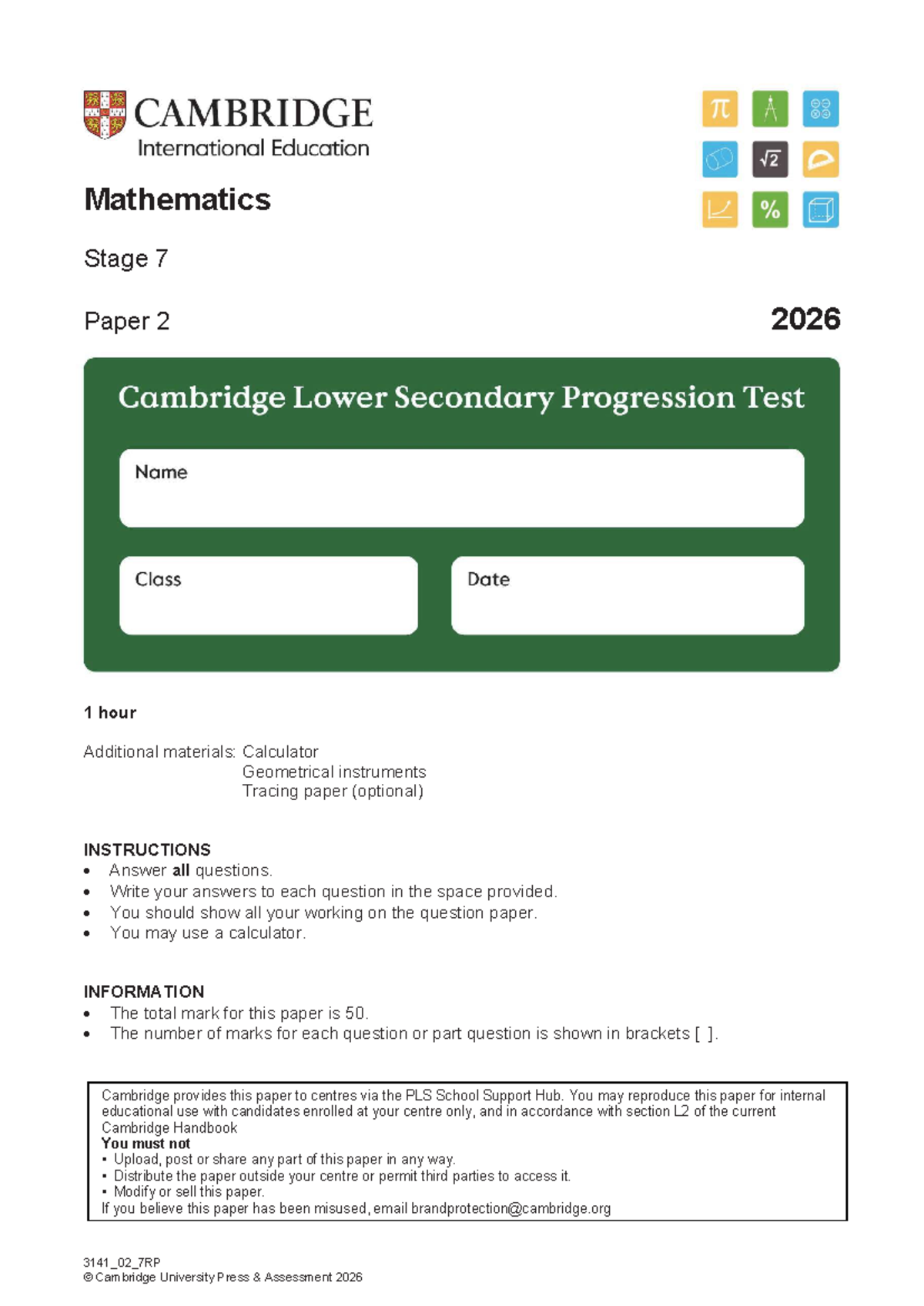 Mathematics Stage 7 Paper 2 - 2026 Exam Questions and Instructions ...