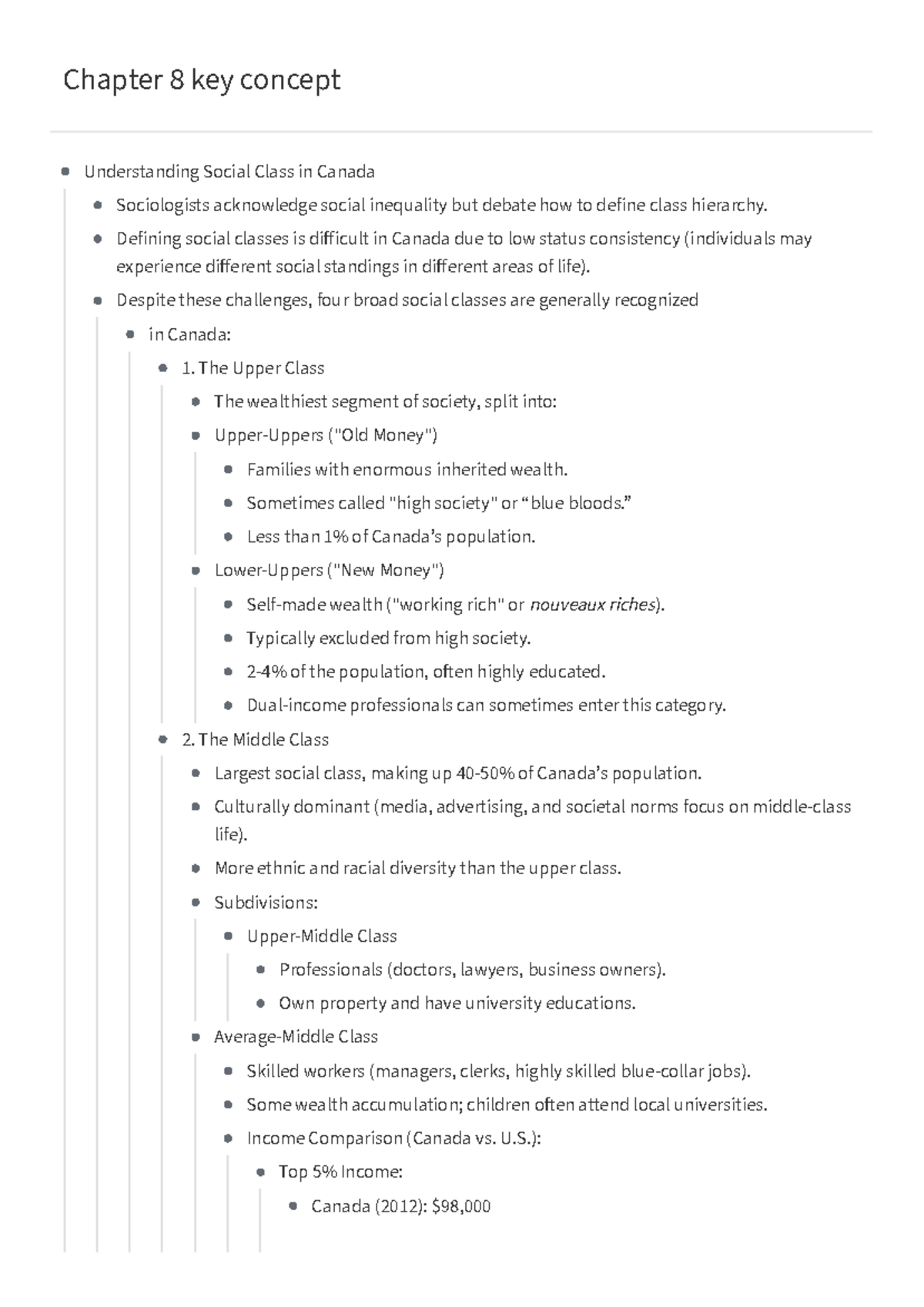 Chapter 8 Key Concepts: Understanding Social Class in Canada - Studocu