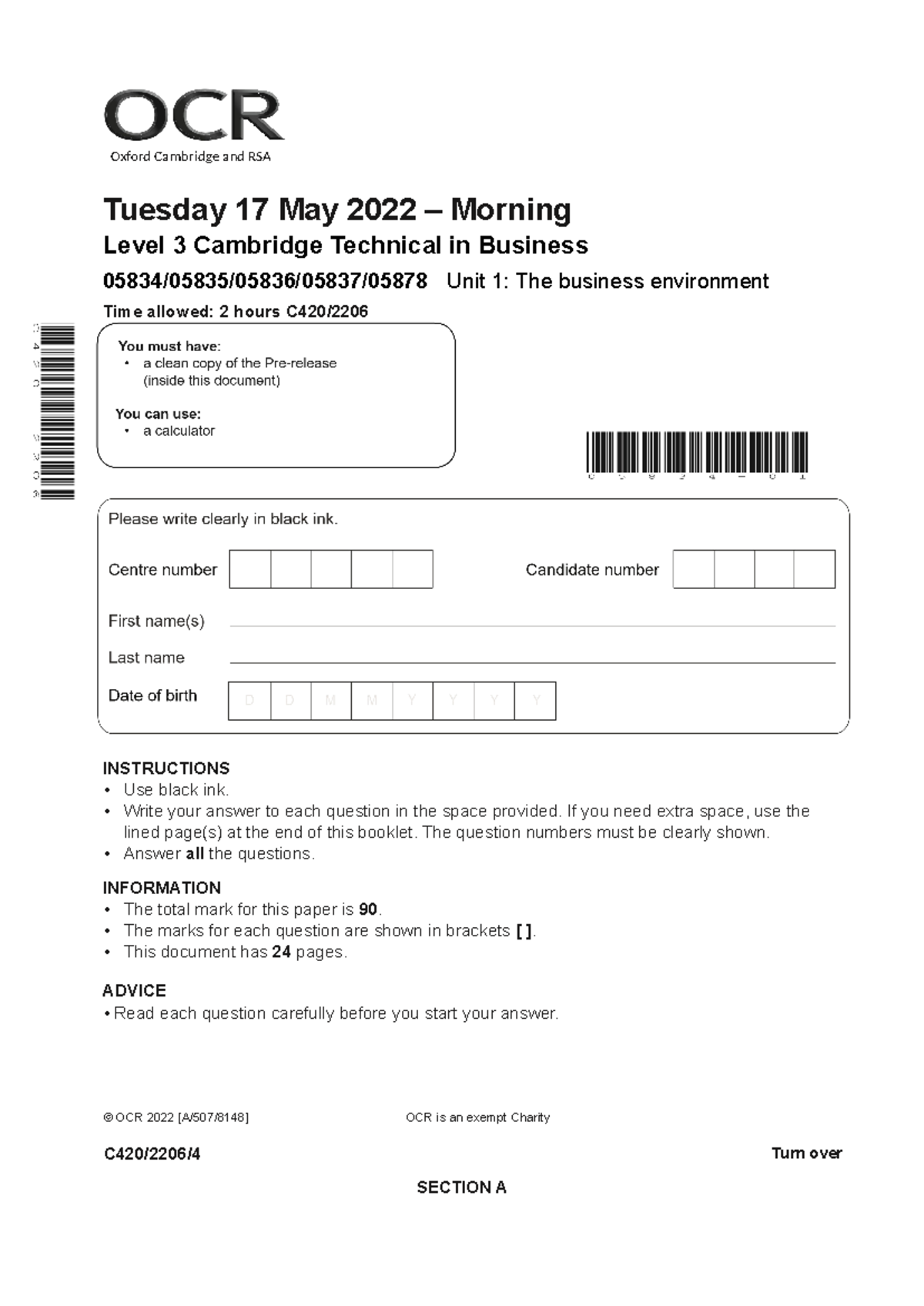 C420 Level 3 Business Exam Paper - The Business Environment (May 2022 ...