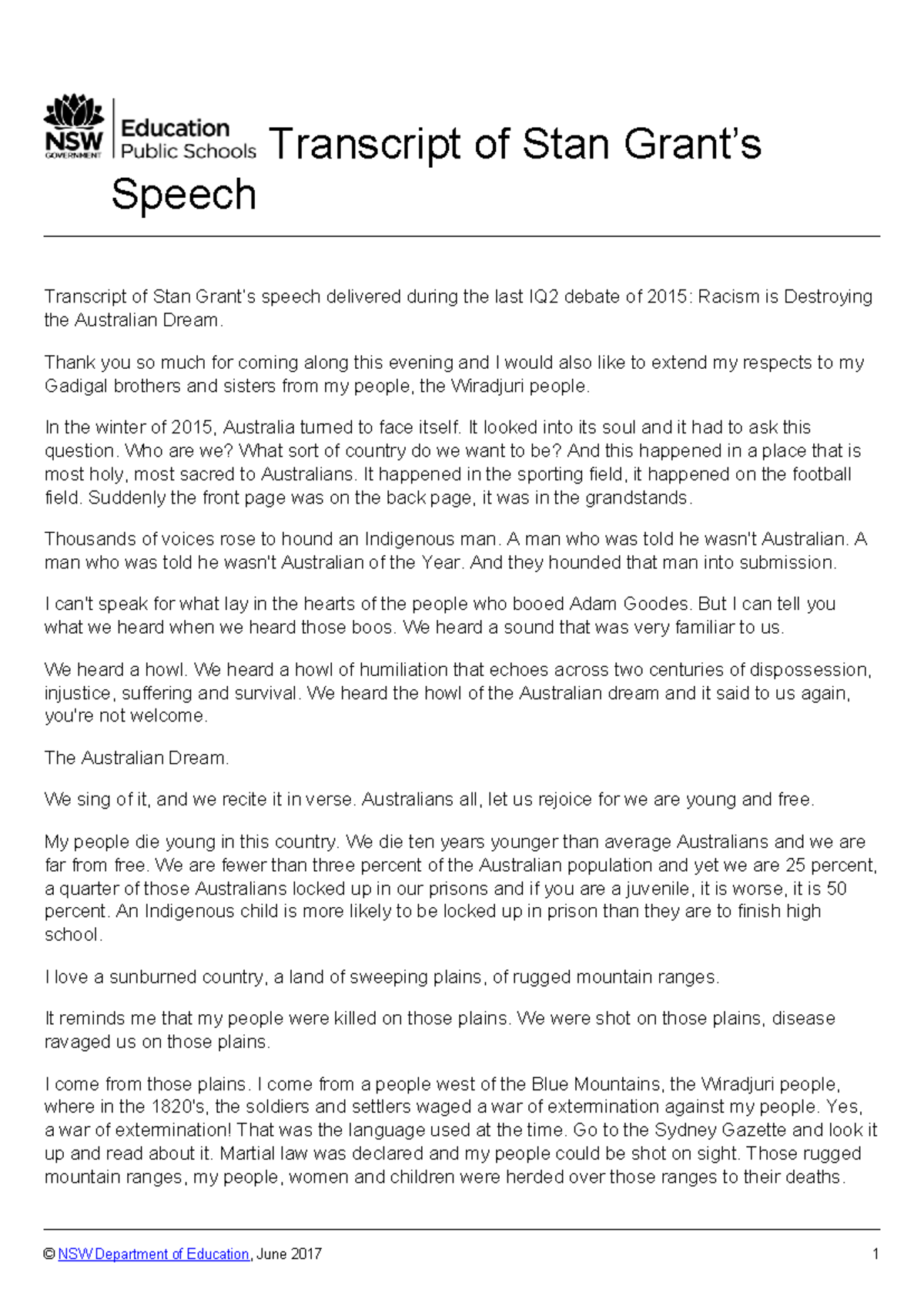 Transcript of Stan Grant's Speech: Racism & the Australian Dream A4 ...