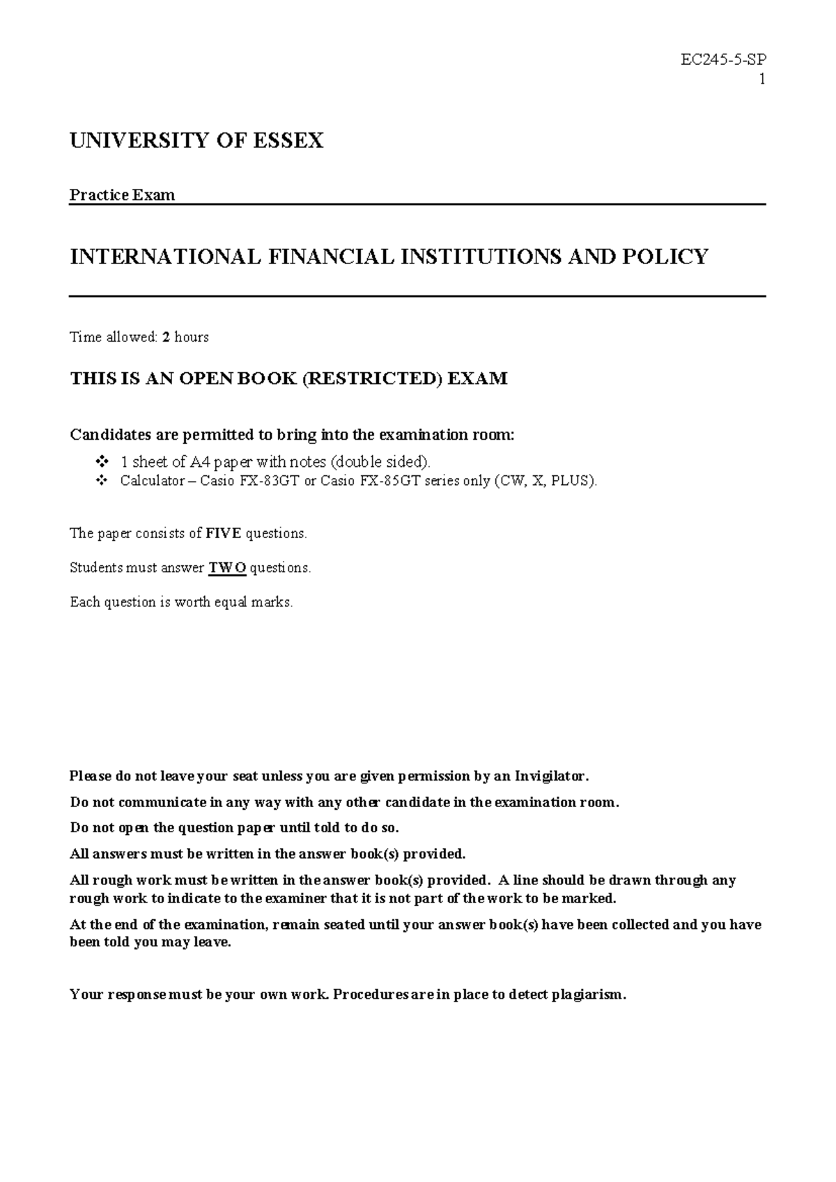 EC245 - Practice Exam on International Financial Institutions and ...
