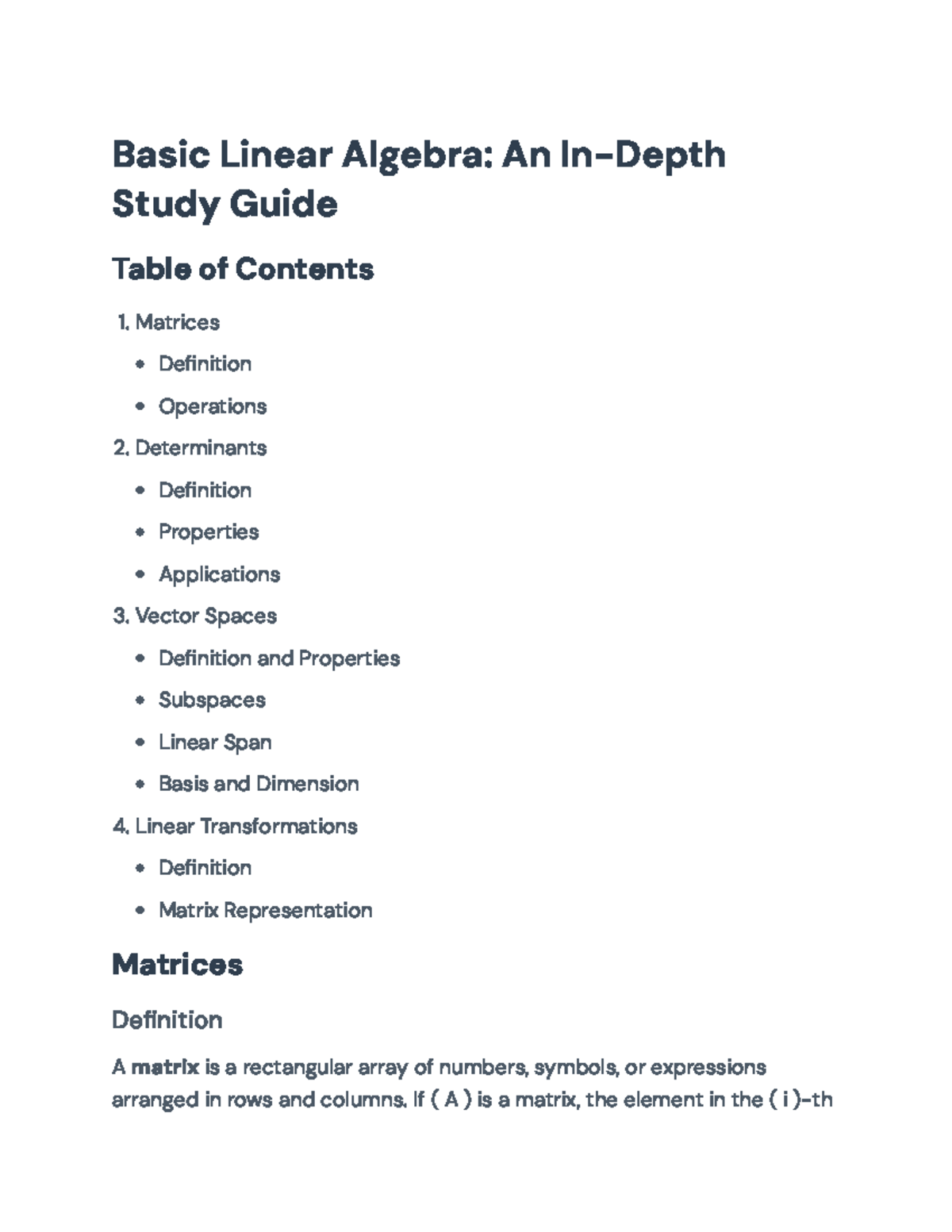 Basic Linear Algebra Study Guide: Matrices, Determinants & More - Basic ...
