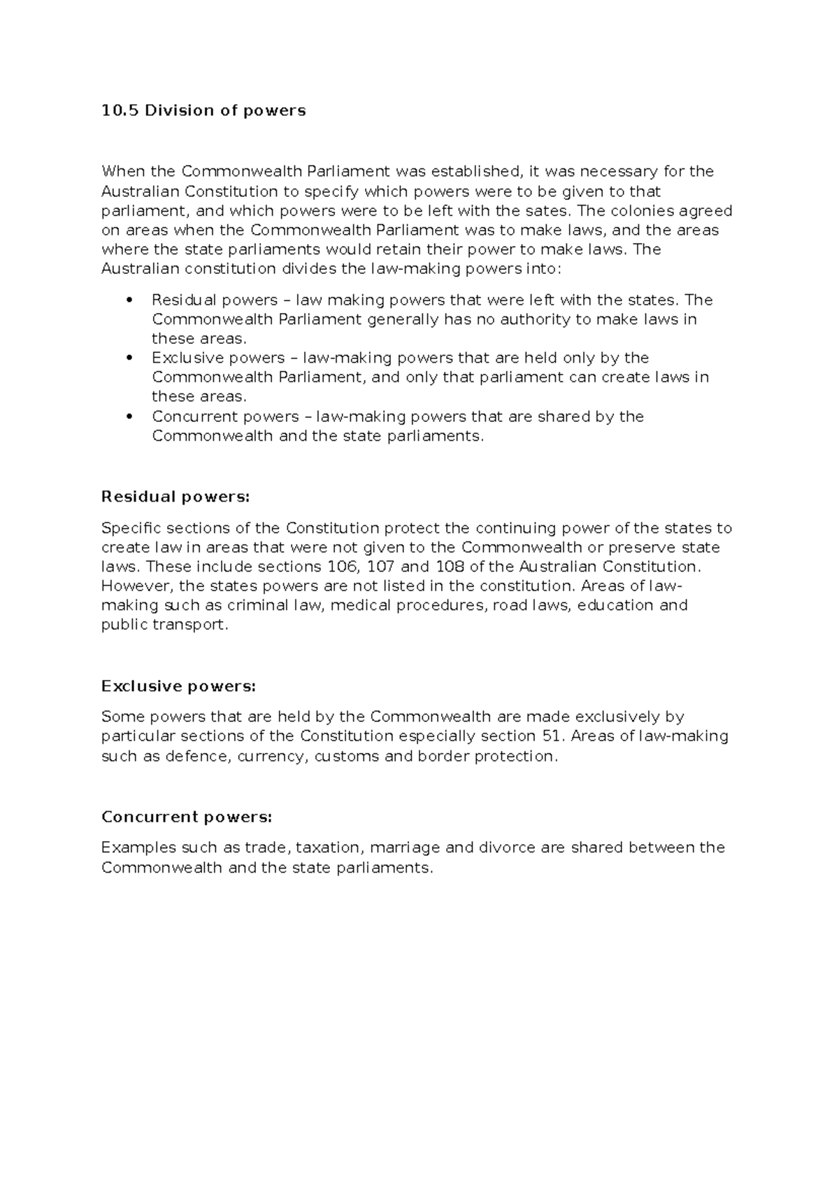 10.5 Division of powers - 10 Division of powers When the Commonwealth ...