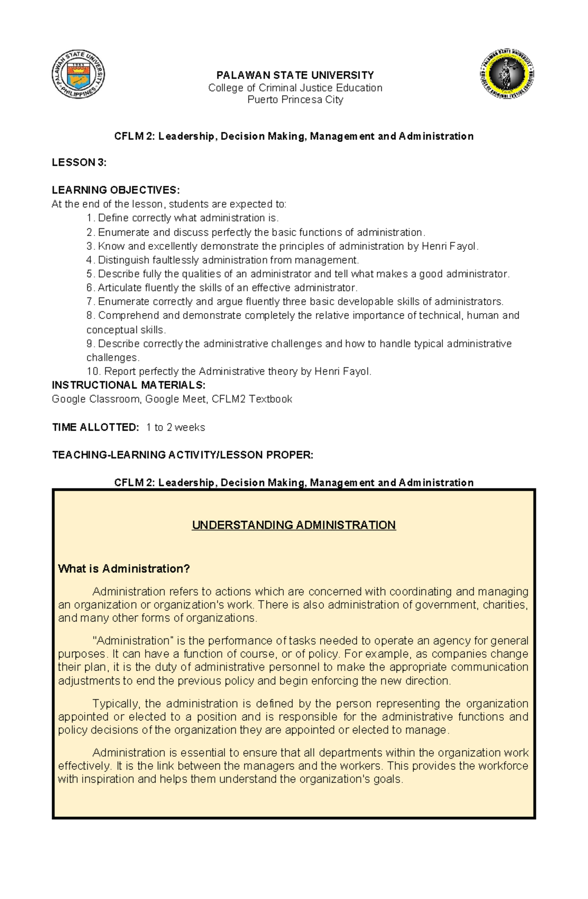 Lesson 5 CFLM2: Understanding Administration and Its Principles - Studocu