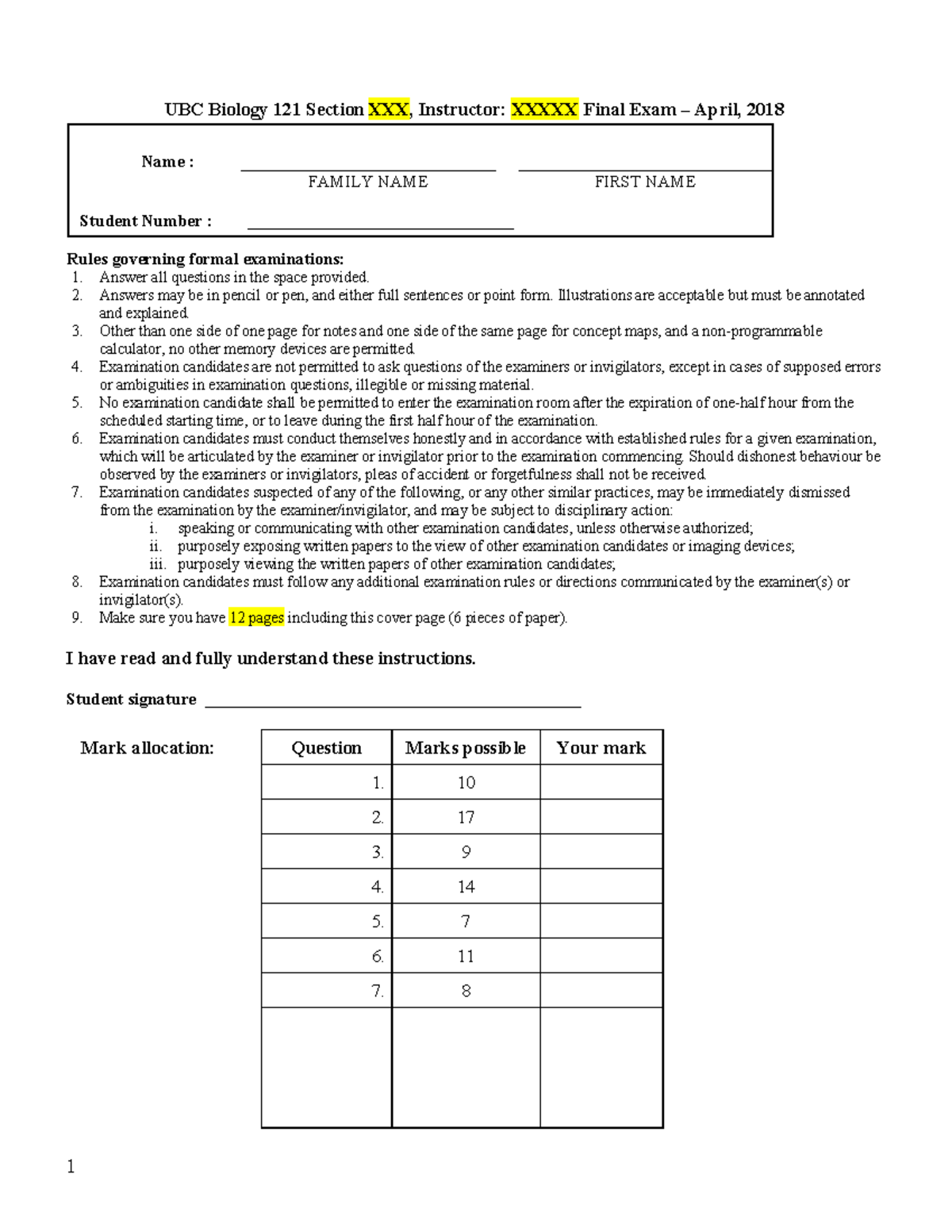 UBC BIOL 121: Final Exam Guidelines & Questions - April 2018 - Studocu