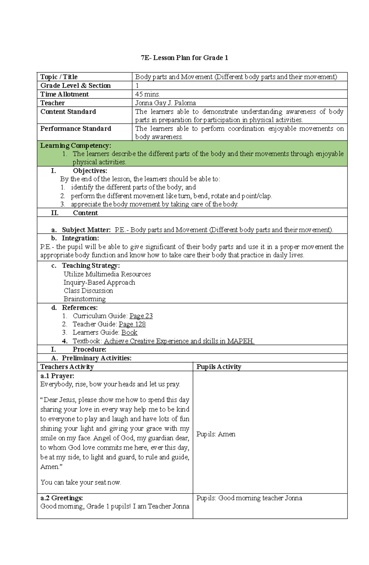 Grade 1 Lesson Plan: Body Parts & Movement Activities - Studocu