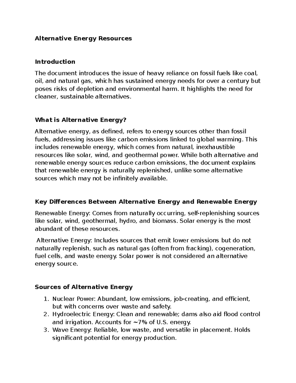 Summarized Alternative Energy Resources - Alternative Energy Resources ...