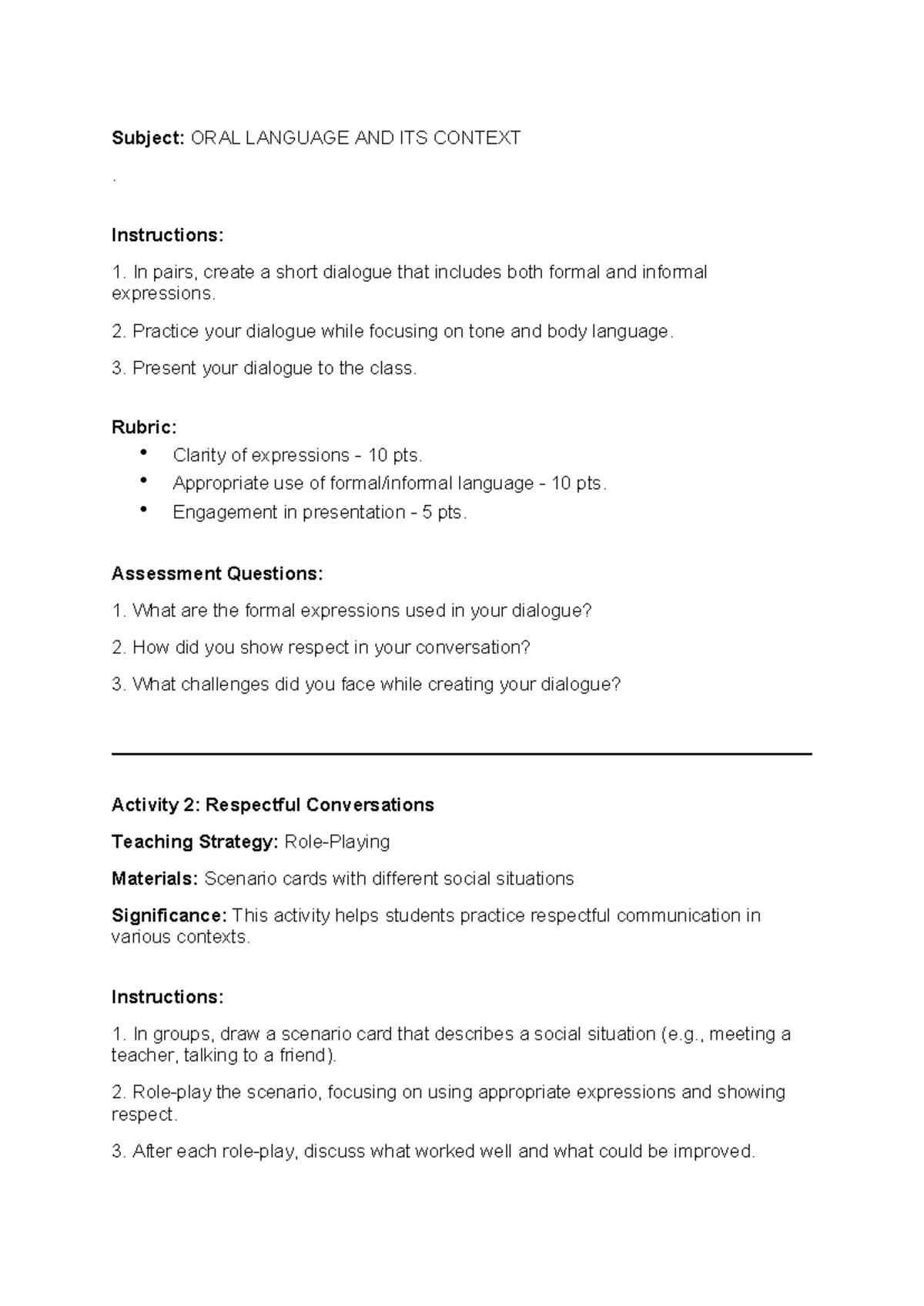 ORAL LANGUAGE AND ITS CONTEXT: Dialogue & Respectful Conversations ...