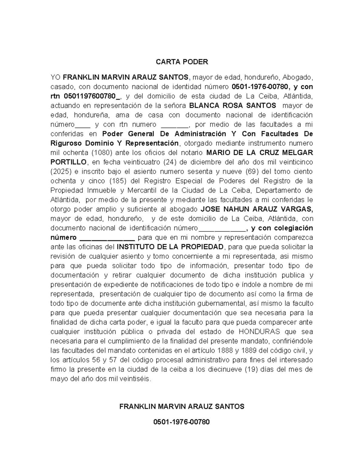Carta Poder para José Nahum Arauz Vargas - La Ceiba, 2026 - Studocu