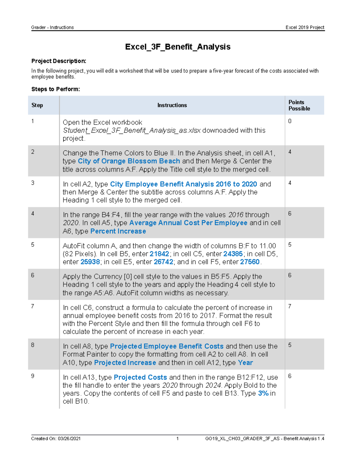 Excel 3F Benefit Analysis Instructions - Grader - Instructions Excel 2019 Project - Studocu