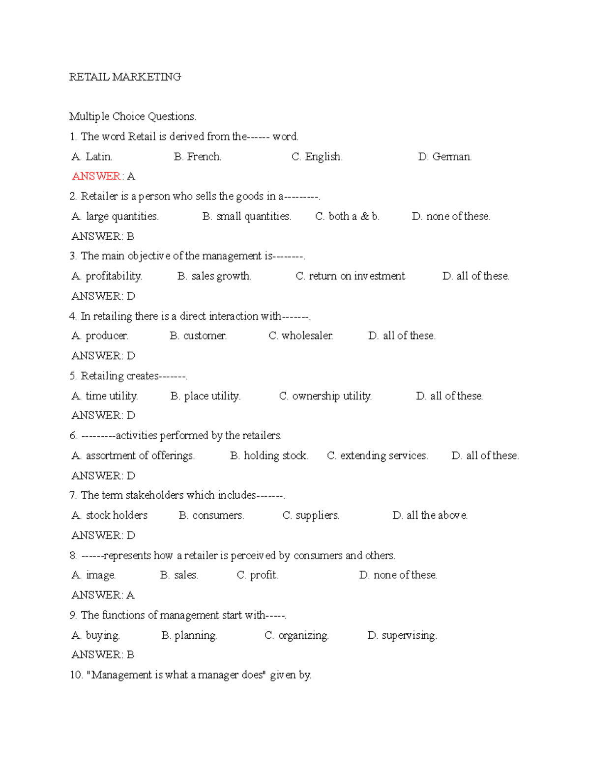 MCQ Retail Marketing - Comprehensive Learning Guide - Studocu