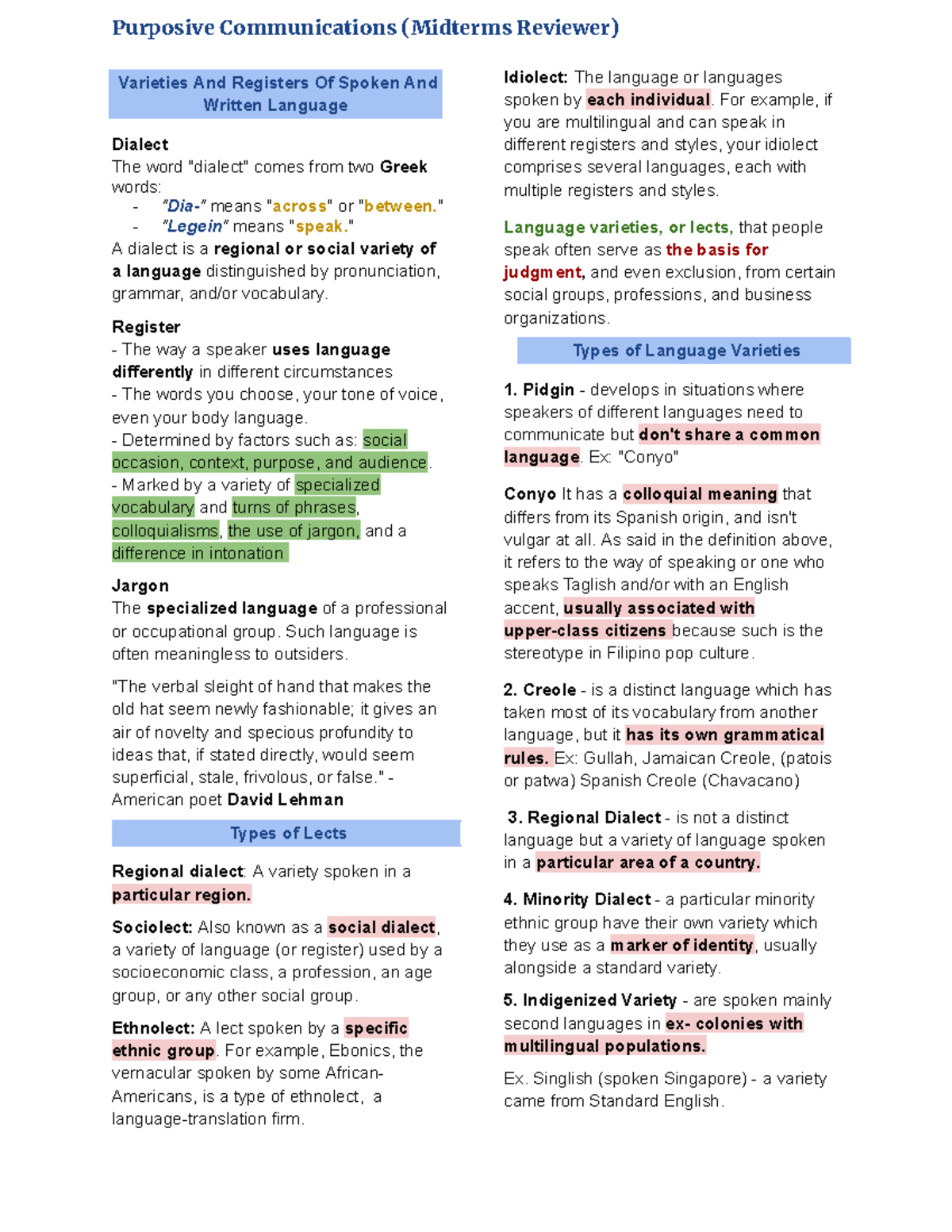 Purposive Communications (Midterm Reviewer): Language Varieties ...