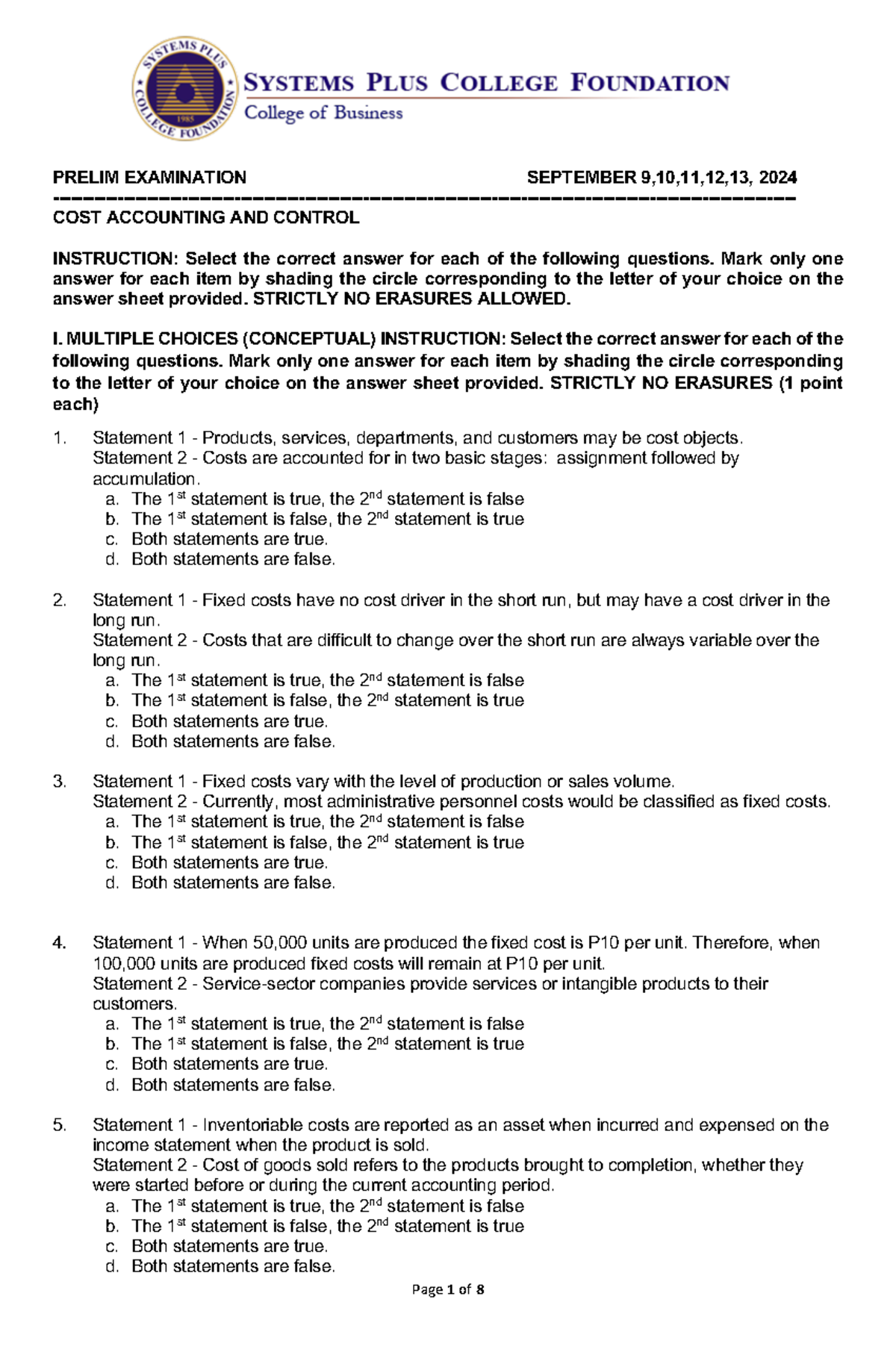 01-COST- Prelims - It is cost prelim - PRELIM EXAMINATION SEPTEMBER 9 ...