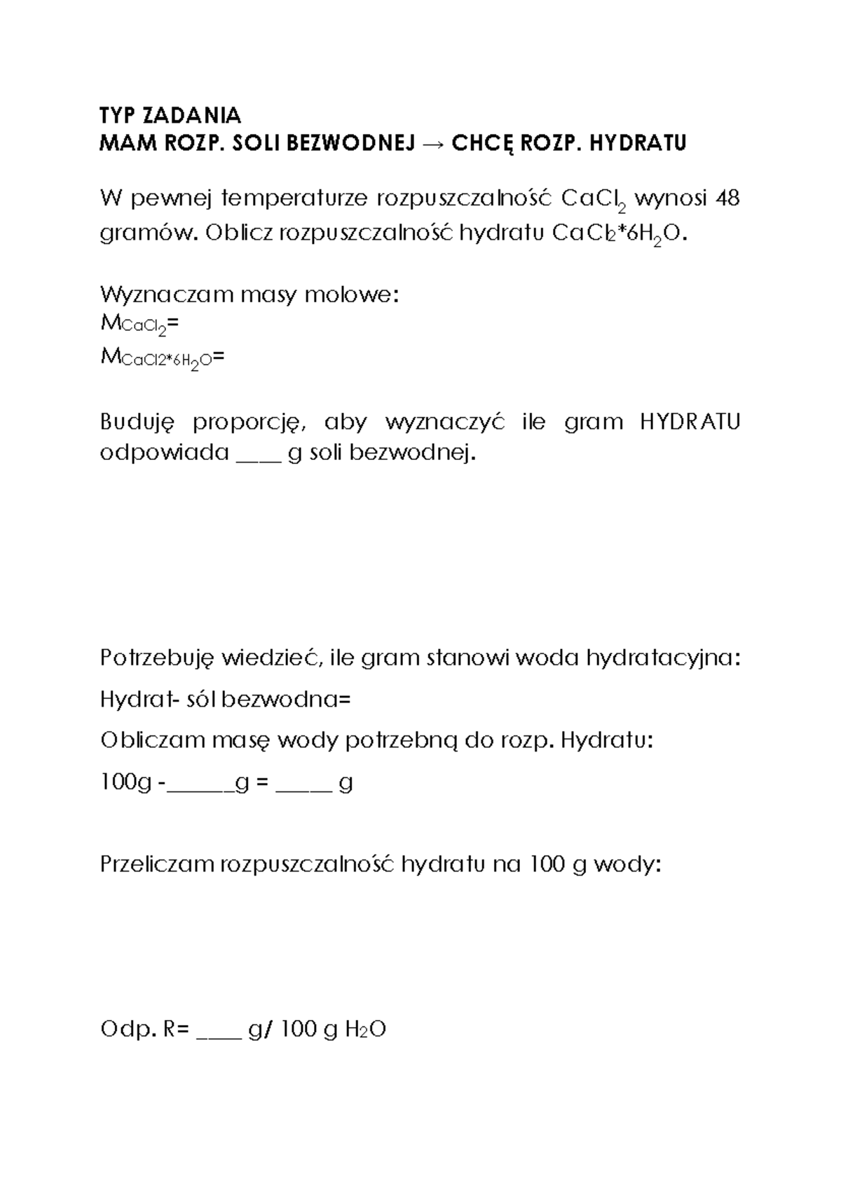 Zadania Obliczeniowe: Hydraty i Rozpuszczalność Sól Bezwodnych - Studocu