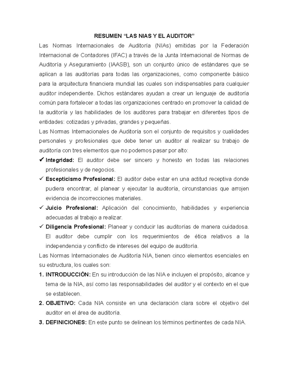Resumen La NIAS y el Auditor - RESUMEN “LAS NIAS Y EL AUDITOR” Las ...