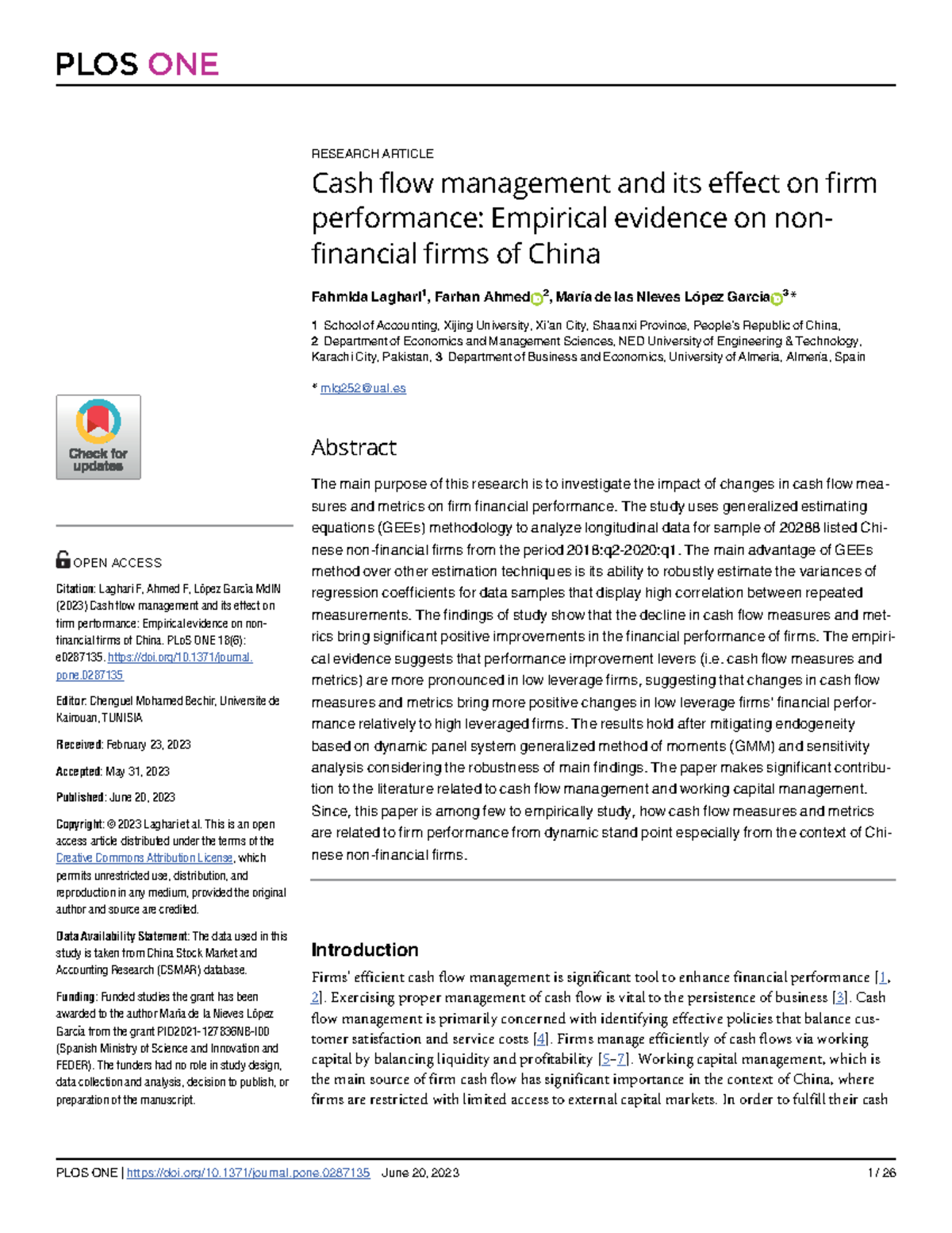 Cash Flow Management and Firm Performance: Evidence from China (PLOS ...