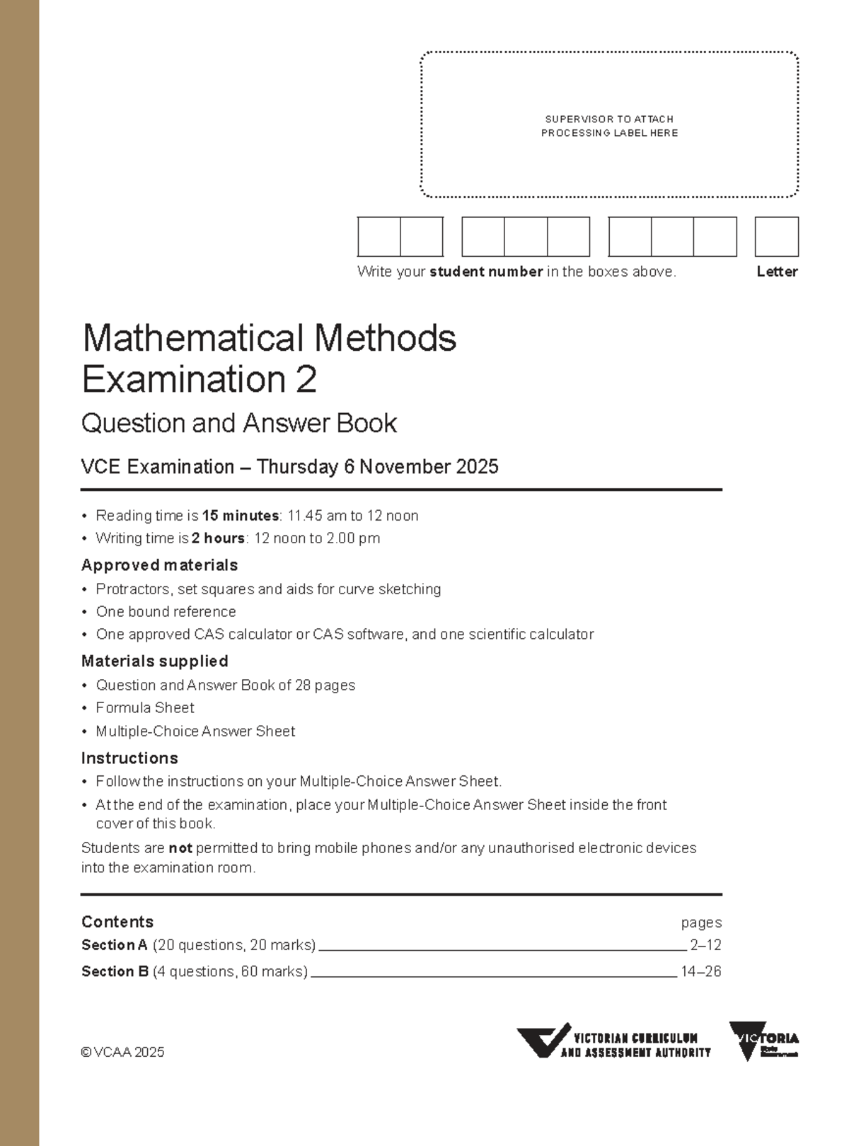 2025 VCE Mathematical Methods Exam 2 - Question & Answer Book - Studocu