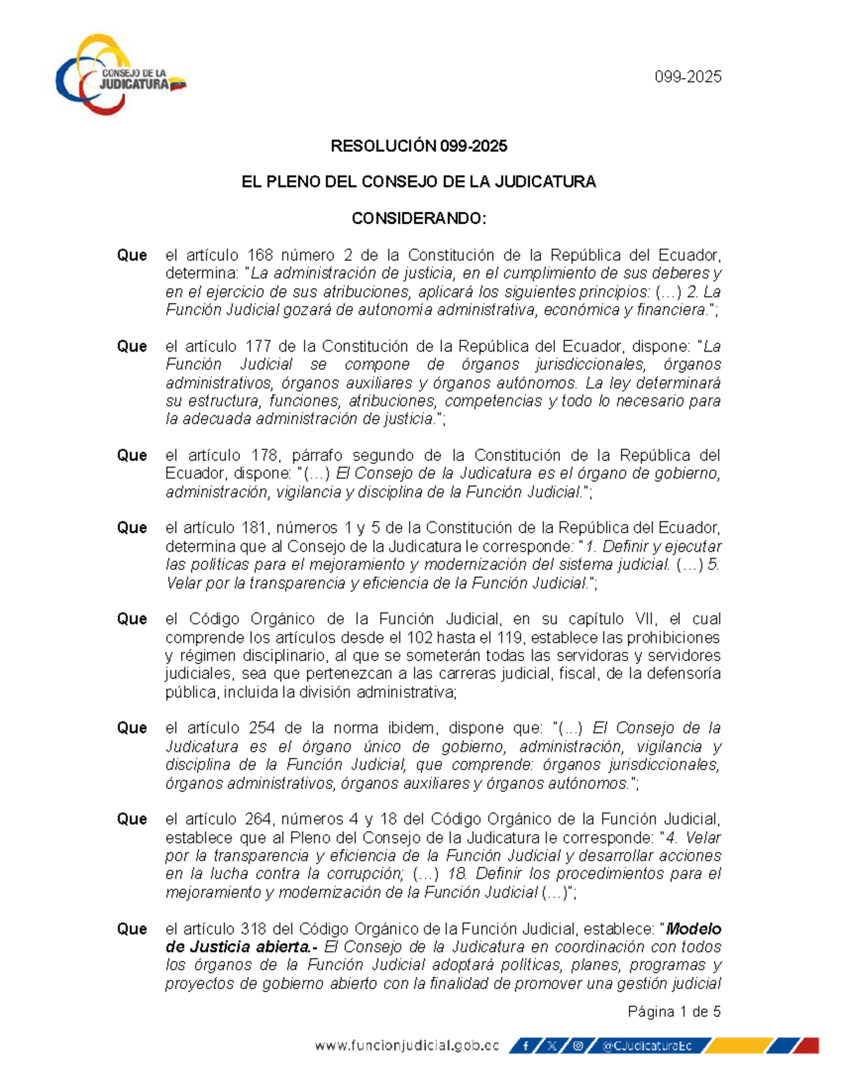 Resolución 099-2025: Implementación del Sistema SATJE QUEJAS en el ...