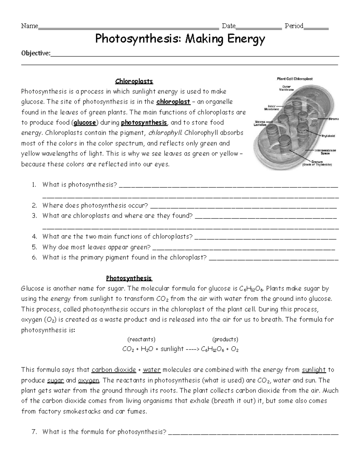 Photosynthesis-worksheet - Photosynthesis: Making Energy - Studocu