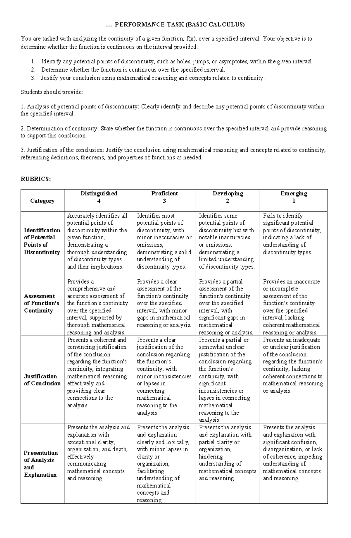 Q4 Performance Task: Analyzing Continuity in Basic Calculus - Studocu