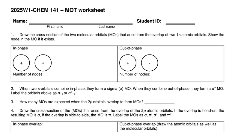 MOT Worksheet - Chem 141: Molecular Orbital Theory Analysis - Studocu