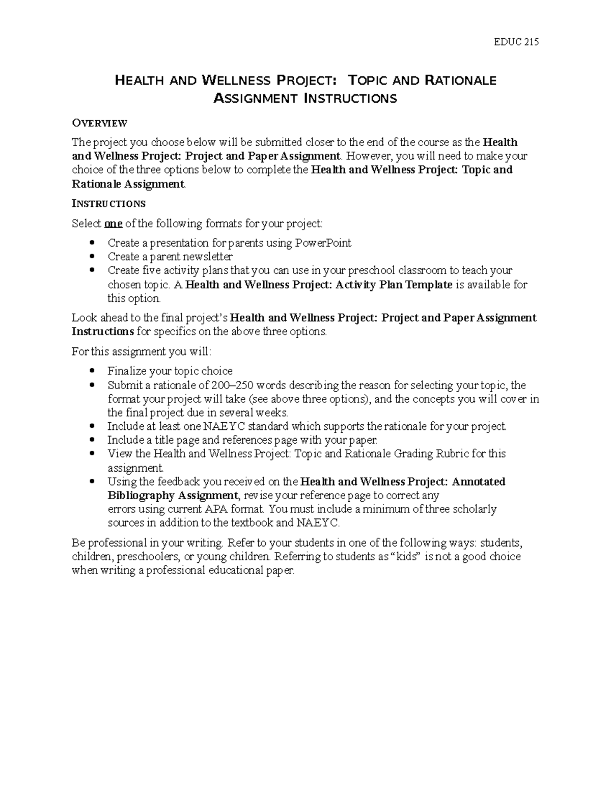 EDUC 215 Health & Wellness Project: Topic & Rationale Guide - Studocu